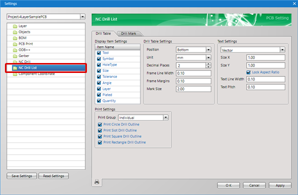 PCB Layout CAD - NC Drill List